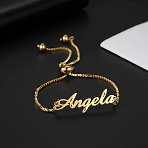 MRENITE 10k 14k 18k Solid Yellow Gold Personalized Name Bracelet – Dainty Name Plate Bracelet - Custom Any Name Gift for Women Adults Wife (Yellow Gold)