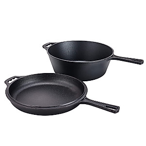 Bruntmor 2-in-1 Pre-seasoned Cast Iron Dutch Oven and Skillet Set -5 Quart Black Cookware with Handles - Dutch Oven with Lid - Enameled Cast Iron Cookware for Braising, Frying, Camping, and Indoor Use