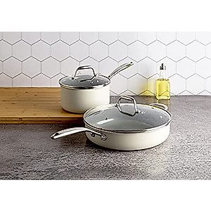 Goodful Ceramic Nonstick Cooking Set, Titanium-Reinforced Premium Non-Stick Coating, Dishwasher Safe Pots and Pans, Tempered Glass Steam Vented Lids, Stainless Steel Handles, 12-Piece, Cream