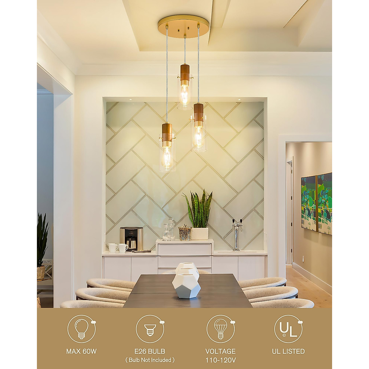 Emak Gold Pendant Light Fixtures, 3-Light Pendant Lights with Clear Glass Shade, Modern Farmhouse Hanging Lights for Kitchen Island, Dining Room, Bathroom, Bedroom, PL120-GD-CL