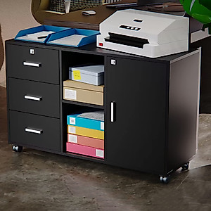 ZIAERKOR Mobile File Cabinet with Lock, Lateral File Cabinets with 3 Drawer Office Filing Cabinet Home Office Organization and storageCabinet Printer Stand with Open Storage for Home Office, Black