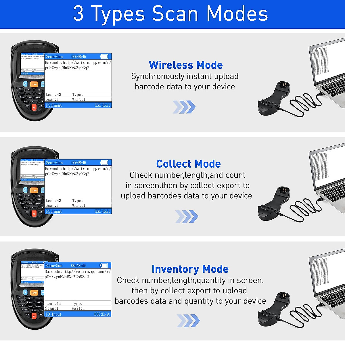 1D 2D Wireless Barcode Scanner, JRHC Portable Inventory Scanner with Charging Base Data Collector Barcode Reader Data Terminal 2 in 1 USB Connection & 2.4G Wireless Bar Code Scanners with 2.2" Screen