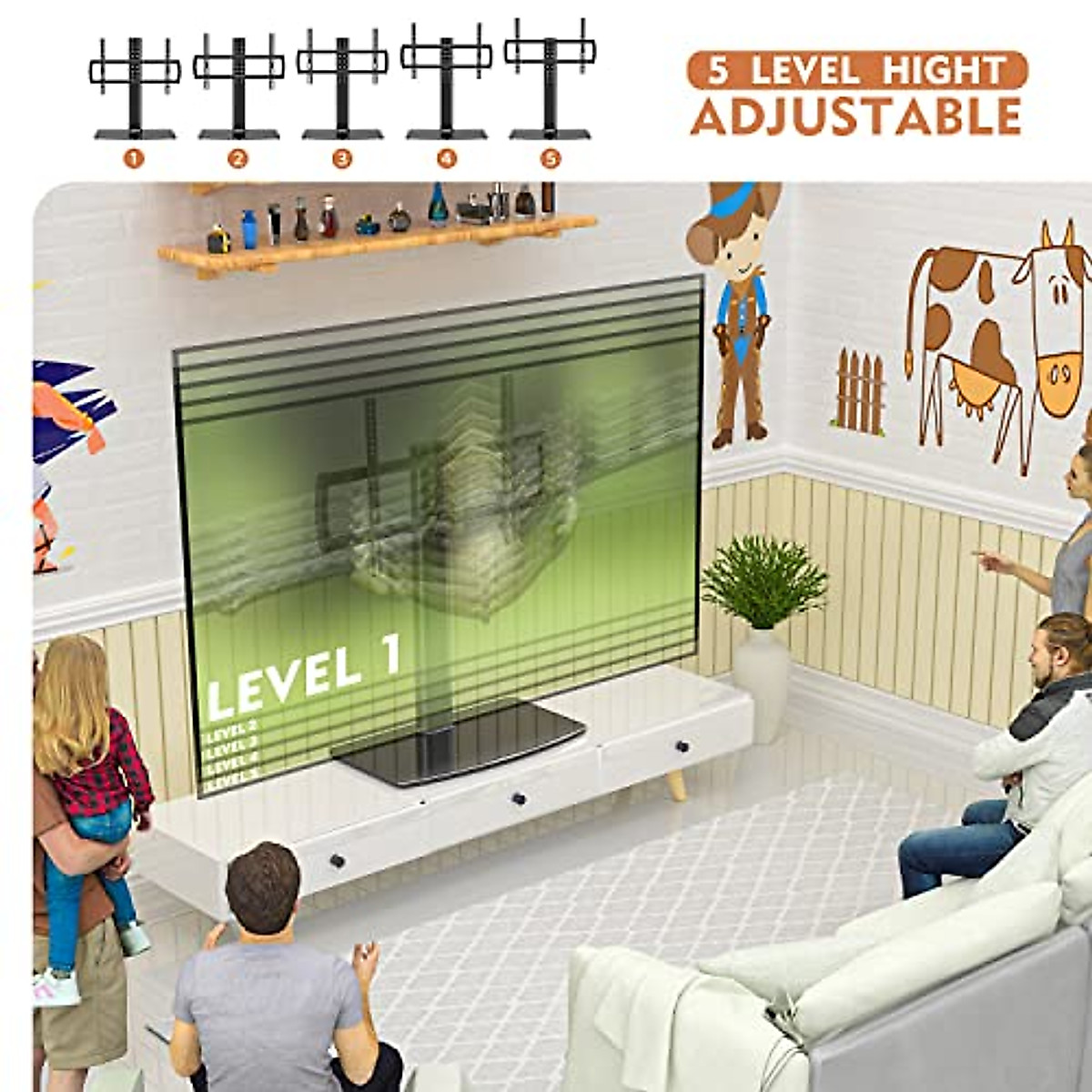 Universal TV Stand/Base Tabletop TV Stand with Wall Mount for 40 to 86 inch 5 Level Height Adjustable, Heavy Duty Tempered Glass Base, Holds up to 132lbs Screens, HT03B-003