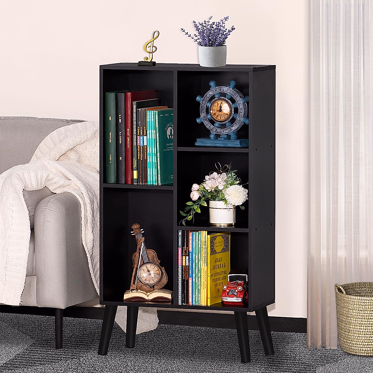 YAHARBO Small Black Narrow Bookshelf,3 Tier Modern Bookcase with Legs,Bookshelves Wood Storage Shelf,Rustic Book Shelves Cube Organizer,Display Bookcase