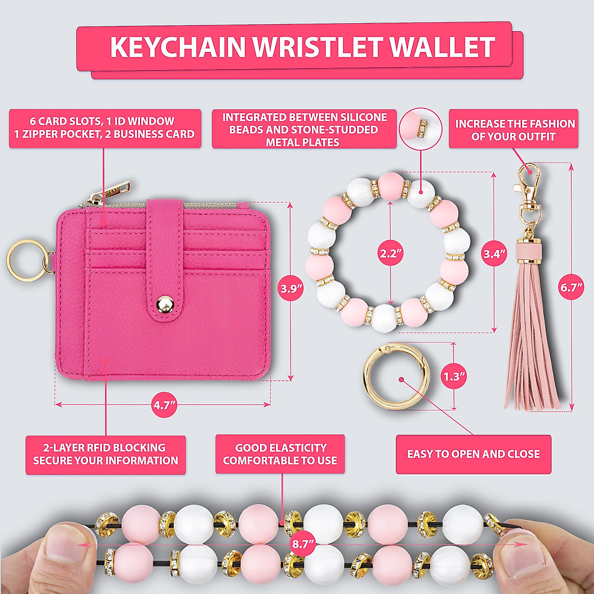 ANHBKAR Keychain Wristlet Wallet, Keychain Wallet Pocket Credit Card Holder Slim, Silicone Beads Wristlet Wallets for Women (PINK)