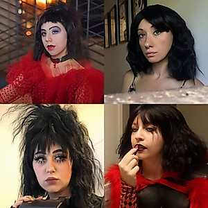 BERON Black Wig for Womens Short Curly Wavy Bob Hair Wigs with Bangs Movie Cosplay Costume Wig Heat Resistant Synthetic Wig Daily Party Use