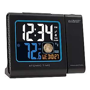 La Crosse Technology 616-146A 5-Inch Color Atomic Projection Alarm Clock with Moon Phase, Black, 5.23"L x 1.96"W x 4.33"H