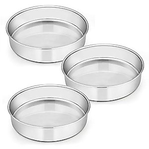 E-far 8 Inch Cake Pan Set of 3, Stainless Steel Round Layer Cake Baking Pans, Non-Toxic & Healthy, Mirror Finish & Dishwasher Safe