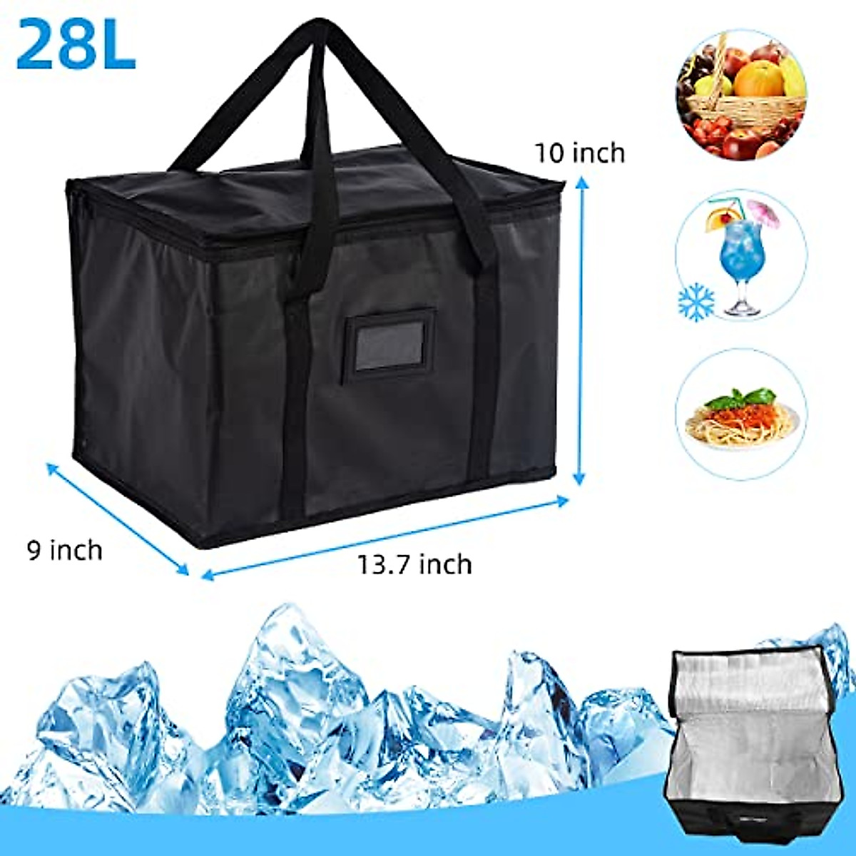 2 Pack XL-Large Insulated Grocery shopping bags, Food Delivery Bag, Durable, Heavy Duty Picnic Cooler Bag, Collapsible, Sturdy Zipper, food transport hot and cold, Reusable and Sustainable