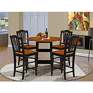 East West Furniture SUCH5H-BCH-W 5 Piece Counter Height Dining Set Includes a Round Pub Table with Dropleaf & Shelves and 4 Dining Room Chairs, 42x42 Inch, Black & Cherry