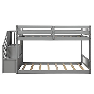 Low Bunk Beds Twin Over Twin with Stairs Solid Wood Bunk Bed Frame for Kids Boys Girls Teens, Gray