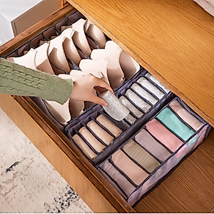 AmasSmile Wardrobe Clothes Organizer, 7 grids Washable Clear Mesh Closet Organizers and Storage Bins Drawer Dividers for Underwear，Bra, Underpants, Socks(3PCS BEIGE)