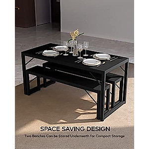Bealife Dining Table Set for 4, Modern Kitchen Table Set with 2 Benches, 45.5in 3-Piece Soho Dining Room Table Set with Metal Frame and MDF Board, Sturdy Structure, Space-Saving Furniture (Black)