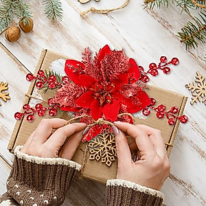 Sggvecsy 30 Pcs 3 Styles Christmas Glitter Poinsettia Flowers Artificial Berry Picks Christmas Tree Ornaments Artificial Christmas Flowers with Clips for Xmas Wedding Wreath Floral Decorations(Red)