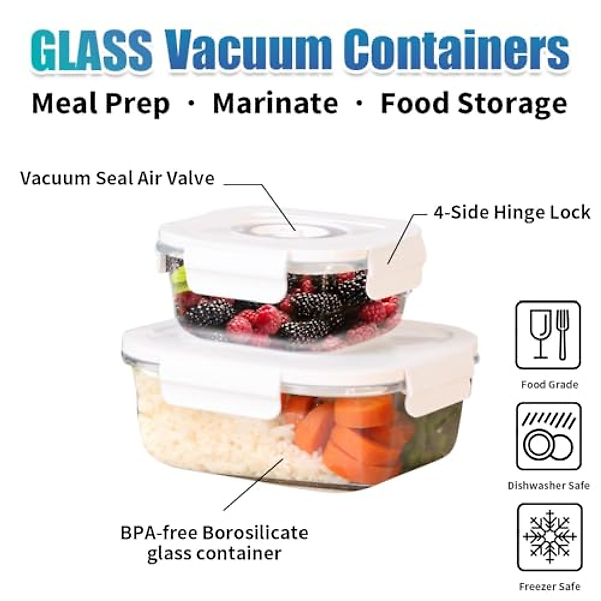 GENIEX Glass Vacuum Food Storage Containers Set - 3pc Square Vacuum Seal Containers for Meal Prep, Fruit Preservation, and Marinades - Easy Clean Food Saver for Vacuum Seal (Sealer Sold Separately)