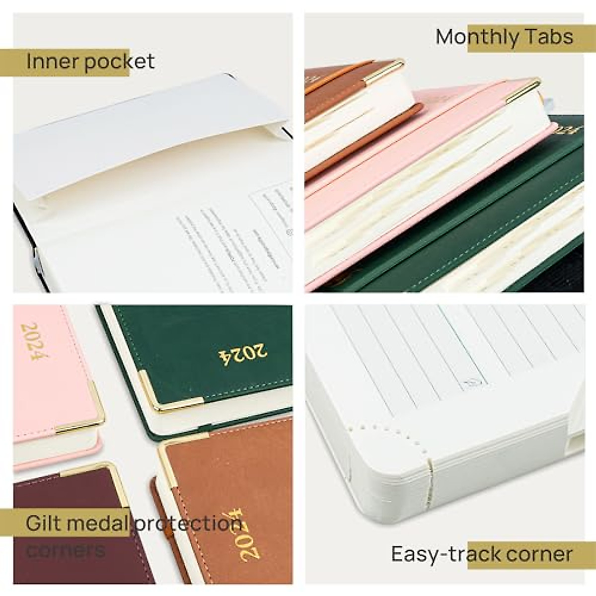 POPRUN Daily Planner 2024 One Page per Day with Vegan Leather Hardcover - Agenda 2024 Hourly Appointment Book with Monthly Tabs, Inner Pocket, 5.5" x 8.5", Pacific Green