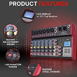 Pyle Professional Wireless DJ Audio Mixer - 8-Channel Bluetooth Compatible DJ Controller Sound Mixer w/USB Port, 6 Mic/Line Input, ¼” Mono/Stereo Input, Headphone Jack, 48V Phantom Power - PMX848BT