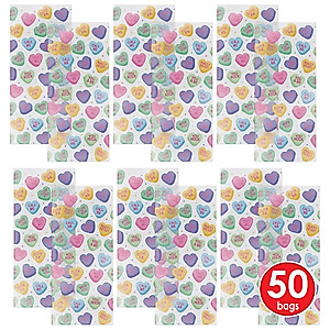 Beistle 50 Piece Candy Heart Valentine's Day Cellophane Bags, Plastic Cello Treat Holders, Twist Ties Included, Celebrating With You Since 1900