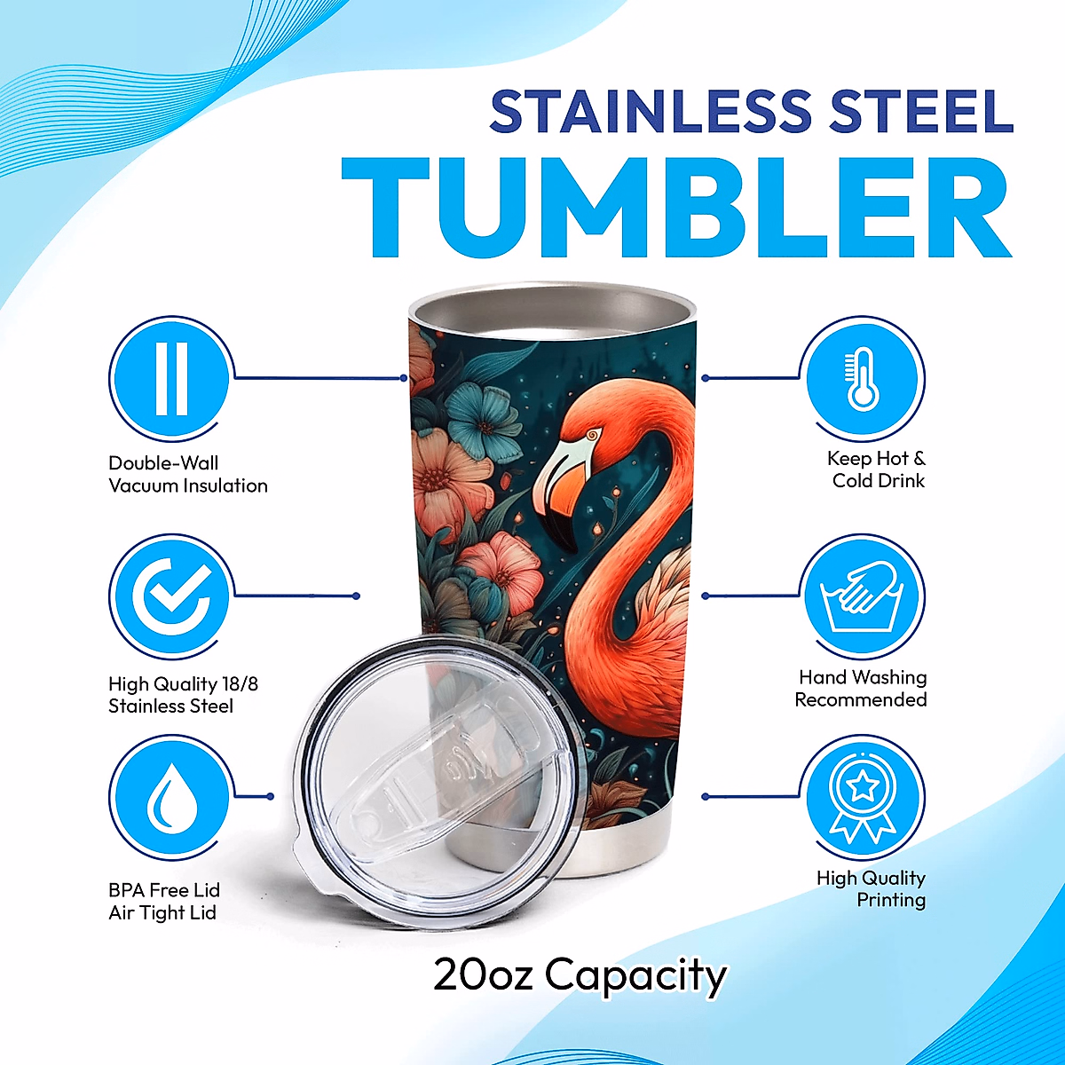 Hyturtle Personalized Gifts For Flamingo Lover - Flamingo Prints Custom Name Stainless Steel Tumbler 20oz With Lid - Idea Bird, Animal lover Gift For Women Girl On Birthday, Christmas