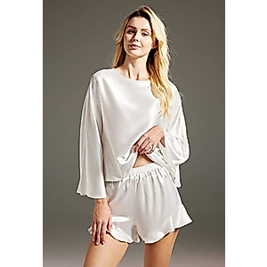 AW BRIDAL 3Pcs Sexy Womens Pajama Sets - Long Silk Pajamas Pj Pants With Flounce, Personalized Pajamas For Women, White, S| Clever Bridal Shower Gifts Bachelorette Gifts For Bride Pajamas