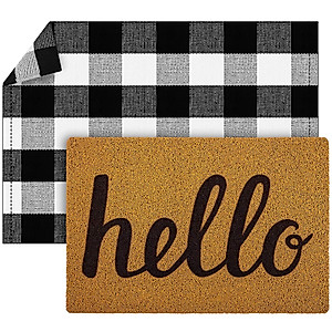 Nuanchu 2 Pieces Welcome Doormat Home Imitation Coir Hello Doormat with Rubber Non Slip Backing Checkered Buffalo Plaid Rug for Layering Decorative Front Door Entrance Mat
