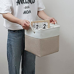 MidmmVick 11 x 11 Inch Cube Storage Bins, 6 Pack Large Collapsible Fabric Storage Bin with Ropes, Foldable Storage Cubes for Home, Office,Closet, Clothes, Toys Organizer (White & Beige-11"x11"x11")