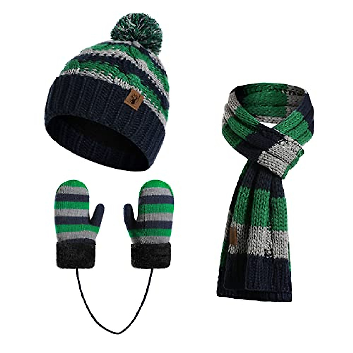 Boys Winter Hat Scarf and Gloves Set for Kids Warm Knitted Hat Mittens and Fleece Neck Warmer Scarf Set for Boys Girls 3pcs