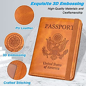 ACdream Passport and Vaccine Card Holder Combo, Leather Cover Case with Vaccination Card Slot, Travel Essentials Protector Organizer for International Documents, Protection Sleeve Couch, Calf Brown