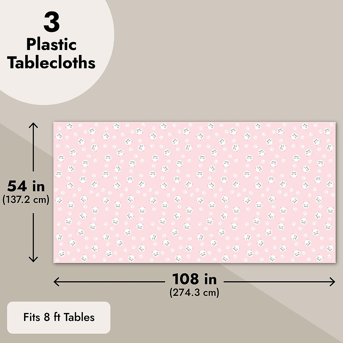 Sparkle and Bash 3 Pack Cat Themed Party Tablecloth, Plastic Kitty Birthday Table Cover Decorations (Pink, 54 x 108)