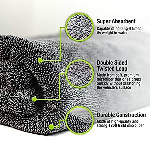 ExoForma Mega Car Drying Towel from No Streaks, Scratches, or Water Spots - Large Premium 1200 GSM Microfiber - Double Twist Pile & Edgeless Design for 1 Quick & Effortless Dry - 24” x 36”