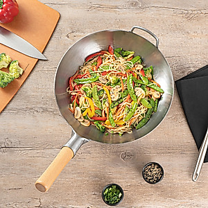Restaurantware-Motomori 13.38 Inch Hand-Hammered Carbon Steel Wok, 10 Traditional Japanese Wok - Flat Bottom, Wooden Handle, Black Carbon Steel Traditional Stir Fry Pan, With Helper Handle