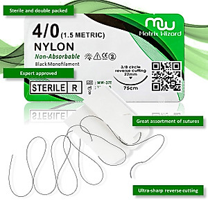 Mixed Sterile Sutures Thread with Needle 32PK (0, 2-0, 3-0, 4-0) Non-Absorbable - Surgical Emergency Practice, Medical, Nursing, EMT, PA, Dental, Veterinary Student's Hospital Training Kit, Taxidermy