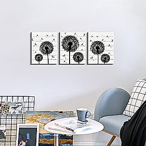 Creoate Dandelion Wall Art 3 Pieces Rustic Dandelion Picture Canvas Print Framed Set Artwork for Bedroom Living Room Wall Decor…