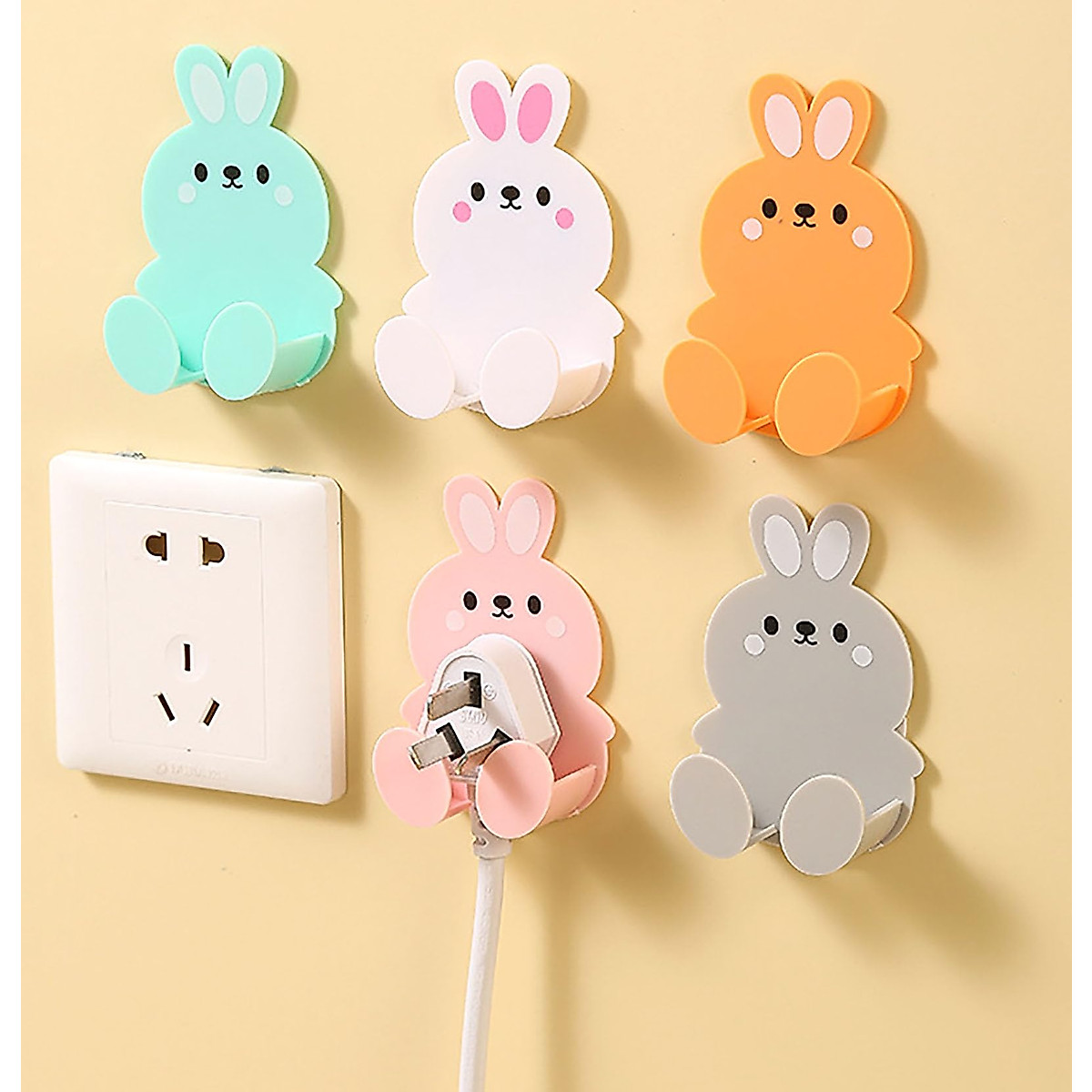 YIKANGHENG 4 Pcs Self Adhesive Plug Hooks, 4 Color Rabbit Design Plastic Plug Organizer Wall Hooks (4)
