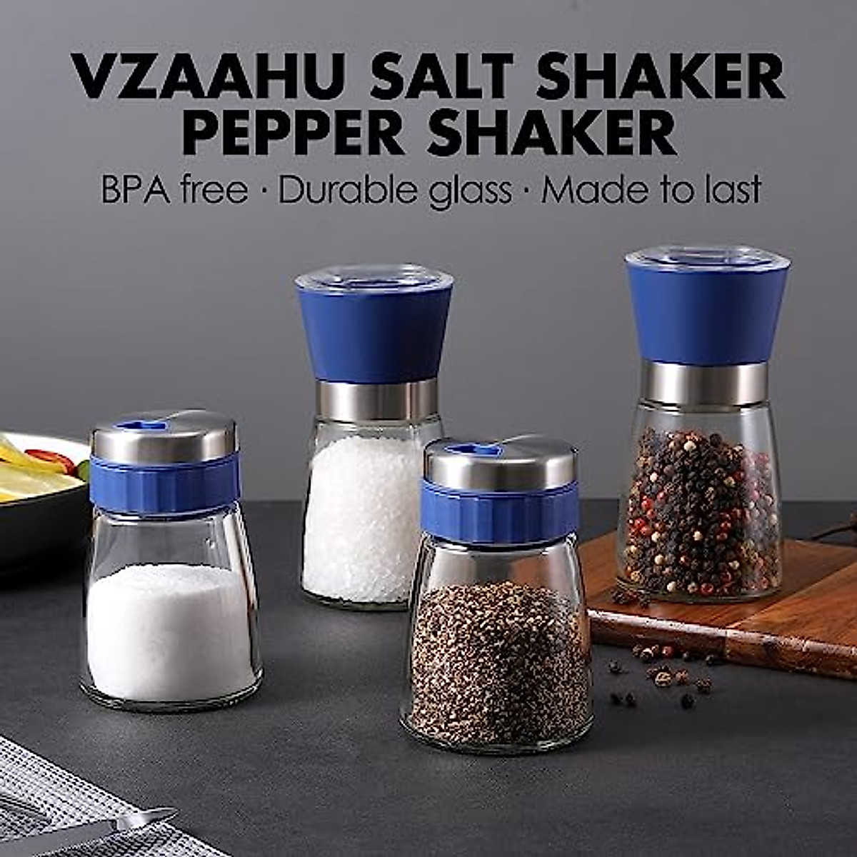 vzaahu Blue Glass Salt and Pepper Sharkers Set with Adjustable Pour Holes - Spice Shaker Salt Dispenser Pepper Dispenser - Perfect for Pink Himalayan, Table Salt, Black and White Pepper (Blue)