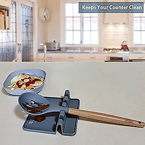 Silicone Utensil Rest with Slotted Serving Spoon - 4-Slot Drip Pad for Multiple Utensils | Wooden Handle Spoon | Kitchen Spoon Holder for Stove Top Heat-Resistant, BPA-Free Non-Stick Cookware - Gray