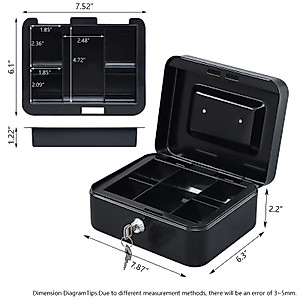 KYODOLED Medium Cash Box with Money Tray,Small Safe Lock Box with Key,Cash Drawer,7.87"x 6.30"x 3.54" Black Medium