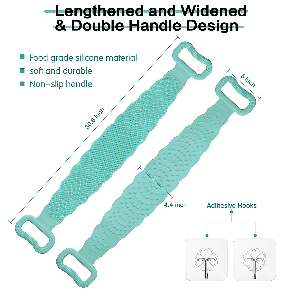 JefDiee Silicone Back Scrubber for Shower, Lengthen & Soft Back Washer, Bath Body Brush with Handles for Deep Cleaning, Exfoliating and Massaging, Improve Your Blood Circulation, Body Scrubber (Green)