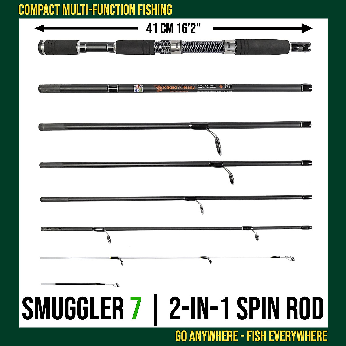 Rigged and Ready Smuggler 7 Travel Fishing Rod & Case. Compact Yet Powerful 8.5’ (235cm) Rod, with 2 Tips, for Spin and General Fishing. The Most Powerful Smuggler Rod for Fish up to 20lbs (10kg)