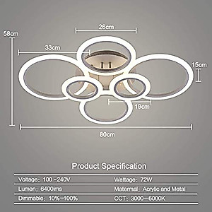 OUQI LED Ceiling Light,Vander Life 72W LED Ceiling Lamp 6400LM White 6 Rings Lighting Fixture for Living Room,Bedroom,Dining Room,Dimmable Remote Control,3 Color