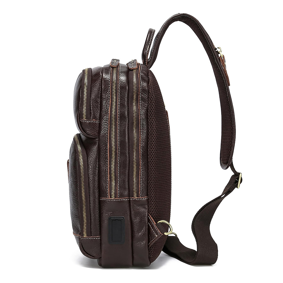 LANNSYNE Full Grain Leather Sling Bag For Men Crossbody Chest Daypack fits 10.5" iPad