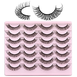 Newcally Russian Strip Lashes Mink Wispy Natural Look False Eyelashes Pack Manga Lashes D Curl Fluffy Volume Faux Mink Lashes Cat Eye Lashes Look Like Lashes Extension 14 Pairs