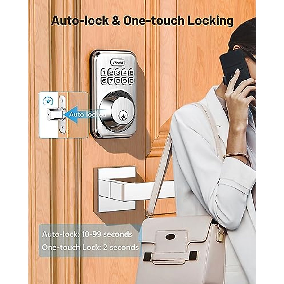 Zowill Keyless Entry Door Lock with 2 Lever Handles, Electronic Keypad Deadbolt, Auto-Locking, Anti-Peeping Password, Digital Smart Code Door Lock, Front Door Handle Sets, Satin Nickel