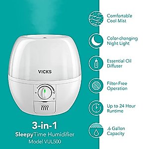 Vicks Filter-Free 3-in-1 SleepyTime Humidifier, Diffuser and Night-Light, Visible Ultrasonic Cool Mist Humidifier with Essential Oil Diffuser for Baby and Kids, White, Standard