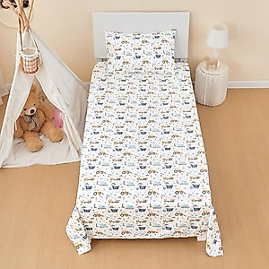 lasoftan Kids Sheet Set Twin Size 3 Pcs, Boys Twin Sheet Set with Blue Excavator Car Pattern，Kids Boys Twin Fitted Sheet ，Breathable & Silky Soft Microfiber Kids Fitted Sheet