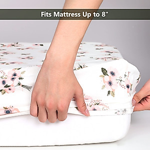 TILLYOU Fitted Crib Sheets - 100% Cotton Fitted Sheets for Standard Crib Mattress, Toddler Bed Mattress Fitted Sheets 2 Pack, Machine Washable, 28”x52”, Pink&Floral Flowers