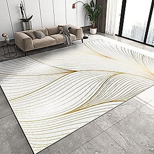 Golden Lines Leaves Texture Area Carpet, Modern White Minimalism Art Bedroom Rug, Floor Carpet Non-Slip Easy Care Soft Washable Printed for Living Room Boy Girl Tea Table Decor4 x 6ft