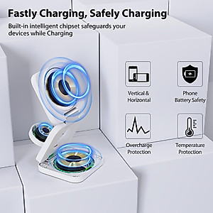 KU XIU Fast Wireless Charger, Magnetic Foldable 3 in 1 Charging Station for iPhone 16/15/14/13/12/Pro/Plus/Pro Max, 5W Portable Charger for Apple Watch9/8/7/6/5/4/3/SE, for Airpods3/2/Pro-White