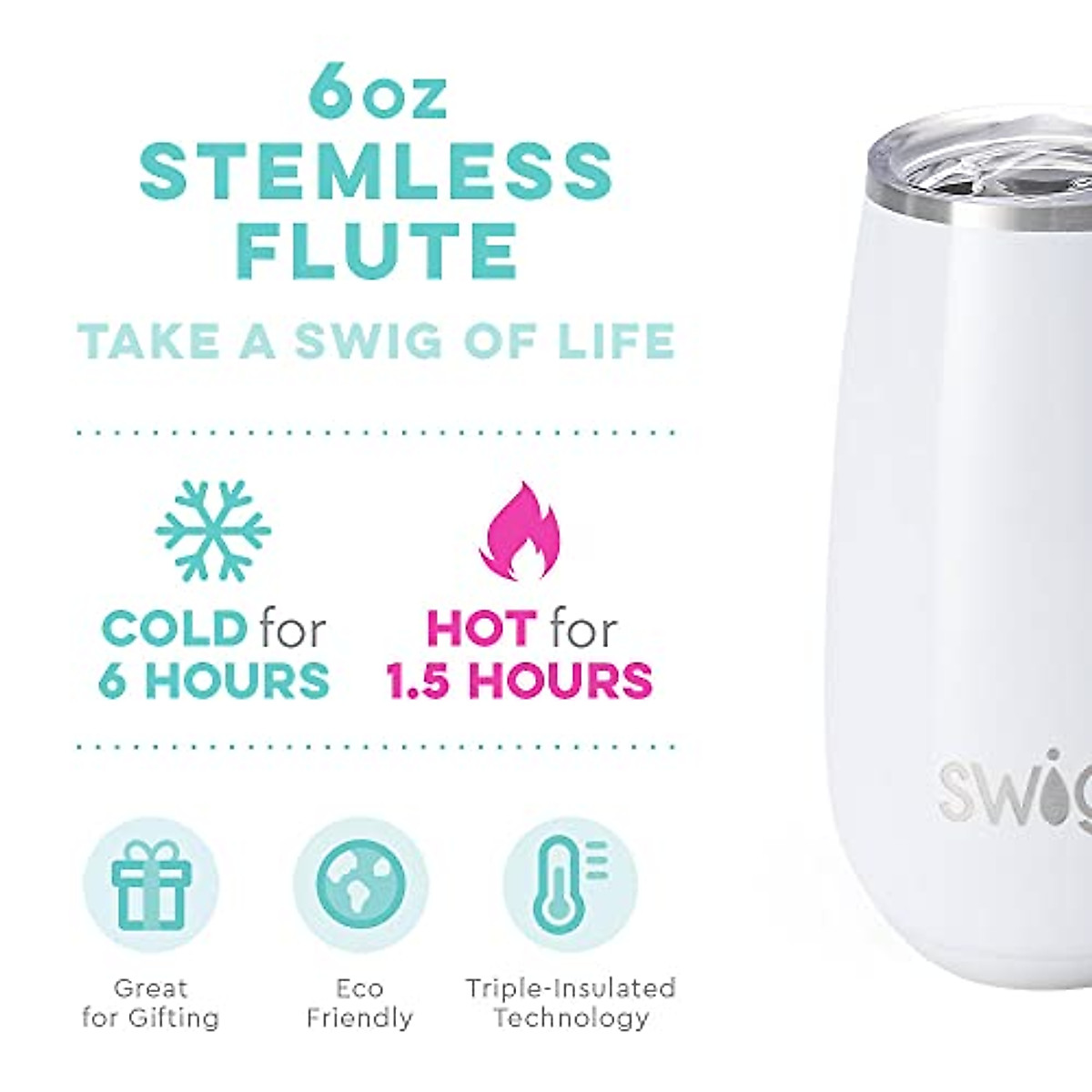 Swig Life 6oz Triple Insulated Stainless Steel Stemless Champagne Flute with Lid, Double Wall, Vacuum Insulated Champagne Tumbler Glass (Diamond White)