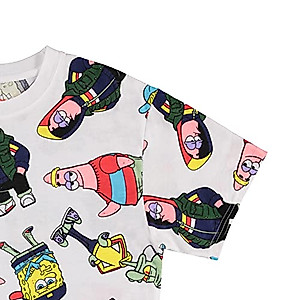 Mens Spongebob Squarepants Classic Shirt - Spongebob, Patrick, Squidward & Krusty Krab Allover Print T-Shirt (White, Medium)